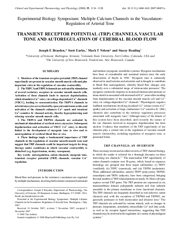 (PDF) TRANSIENT RECEPTOR POTENTIAL (TRP) CHANNELS, VASCULAR TONE AND AUTOREGULATION OF CEREBRAL ...