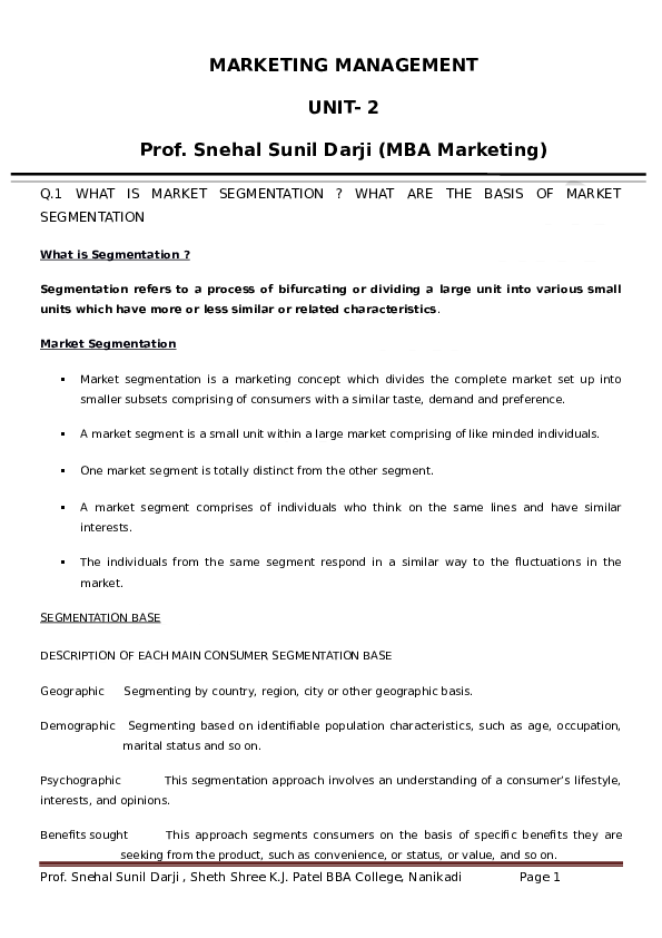 (DOC) MARKETING MANAGEMENT UNIT-2 Prof. Snehal Sunil Darji (MBA ...