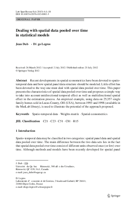 Pdf Dealing With Spatial Data Pooled Over Time In Statistical Models Diègo Legros And Jean