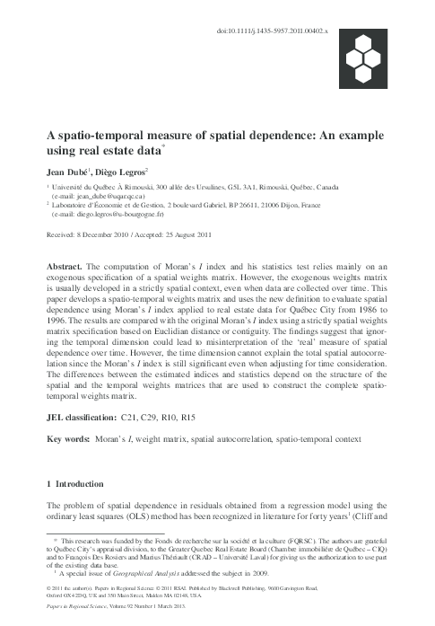 (PDF) A spatio-temporal measure of spatial dependence: An example using real estate data*