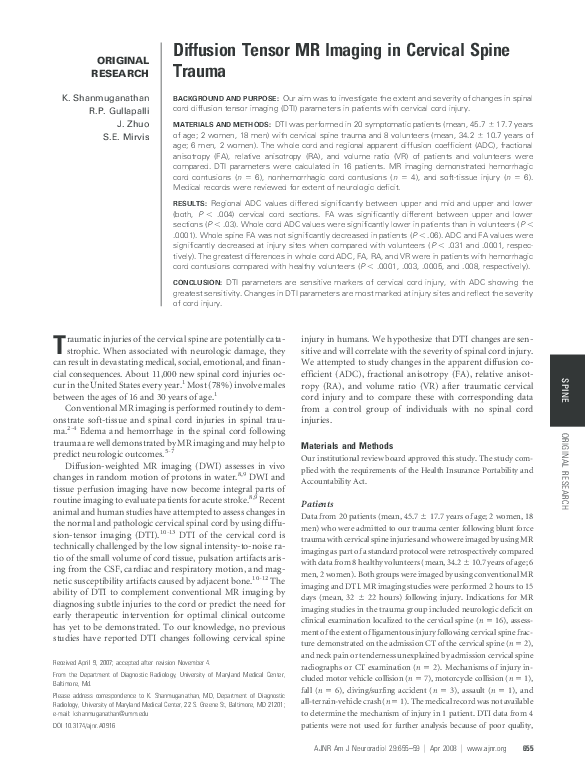 (PDF) Diffusion Tensor MR Imaging in Cervical Spine Trauma