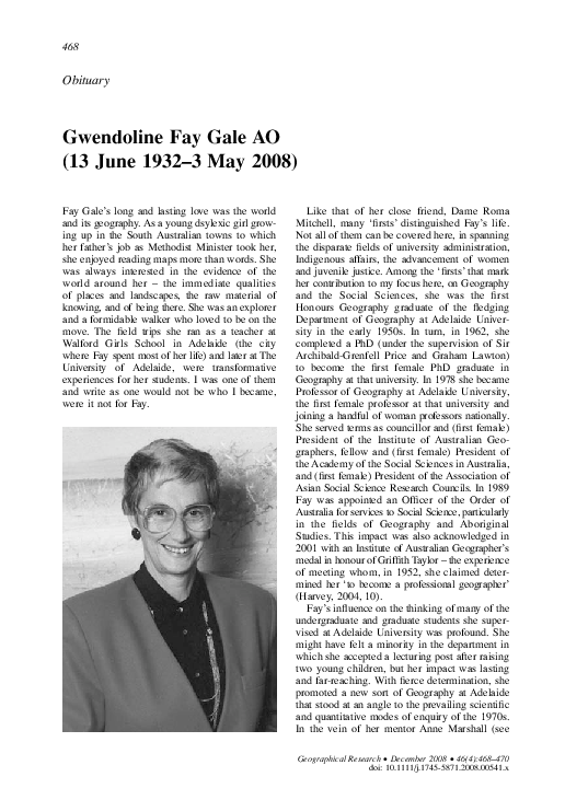 (PDF) Legacy of Gwendoline Fay Gale in Geography