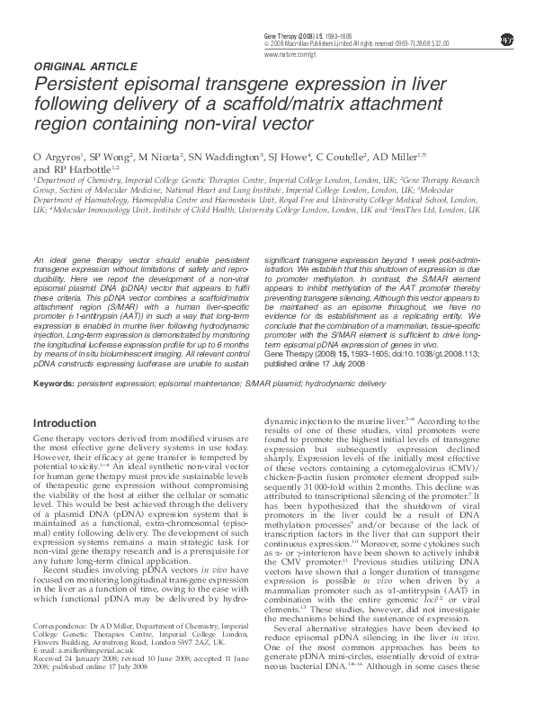 (PDF) Persistent episomal transgene expression in liver following ...