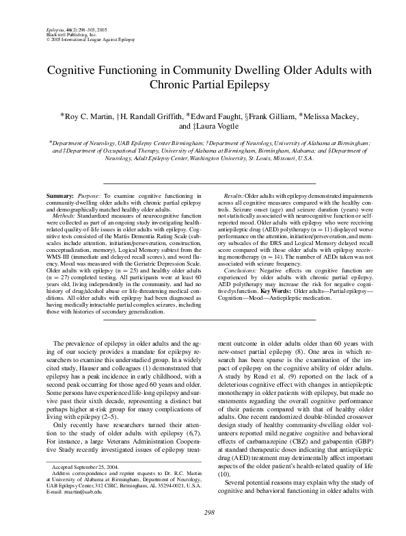 (PDF) Cognitive Functioning in Community Dwelling Older Adults with Chronic Partial Epilepsy