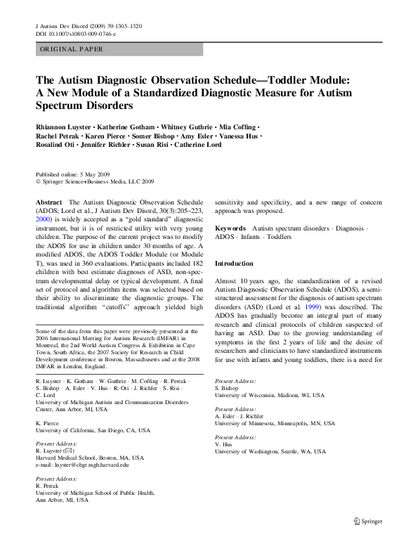 (PDF) The Autism Diagnostic Observation Schedule—Toddler Module: A New ...