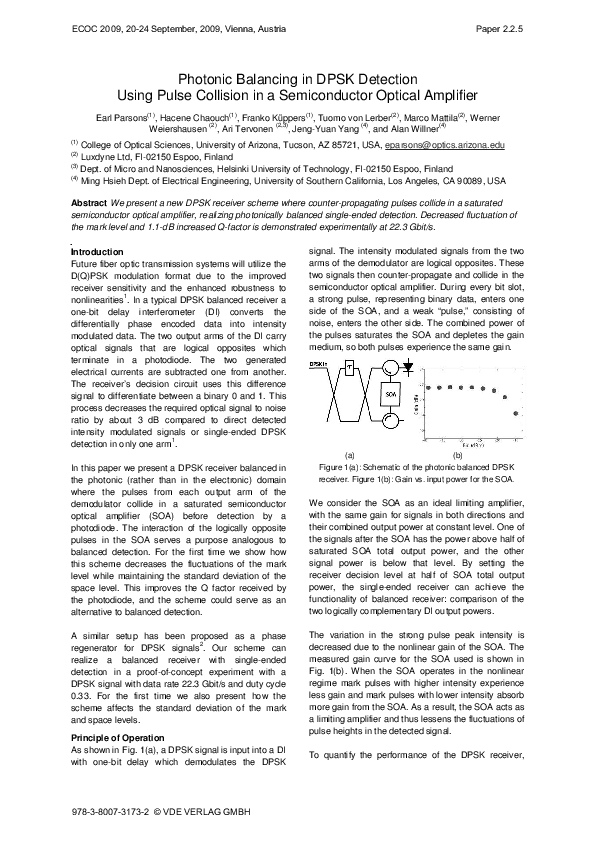 Pdf Photonic Balancing In Dpsk Detection Using Pulse Collision In A