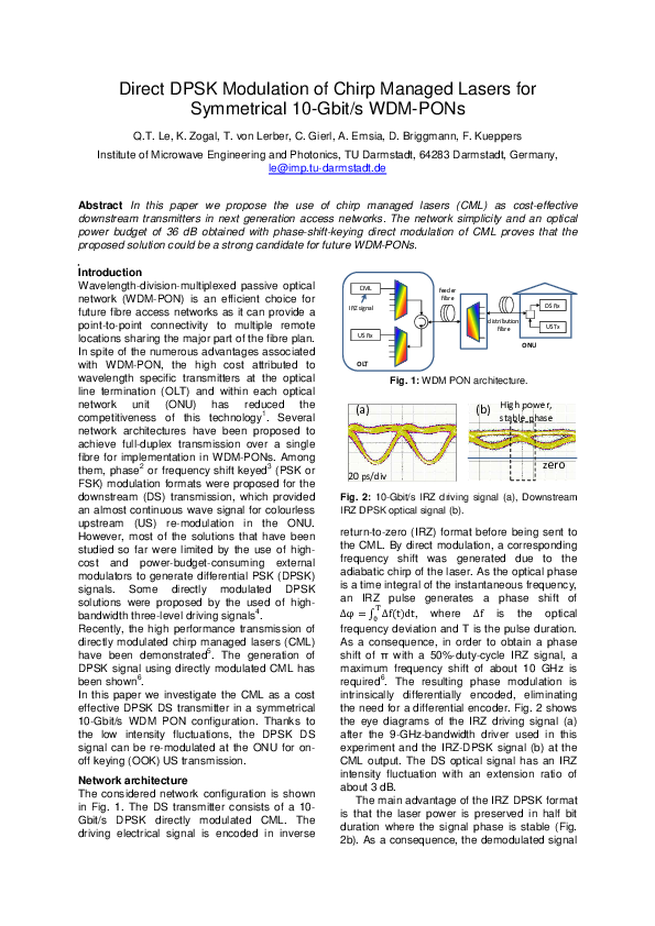 Pdf Direct Dpsk Modulation Of Chirp Managed Lasers For Symmetrical 10 Gbit S Wdm Pons