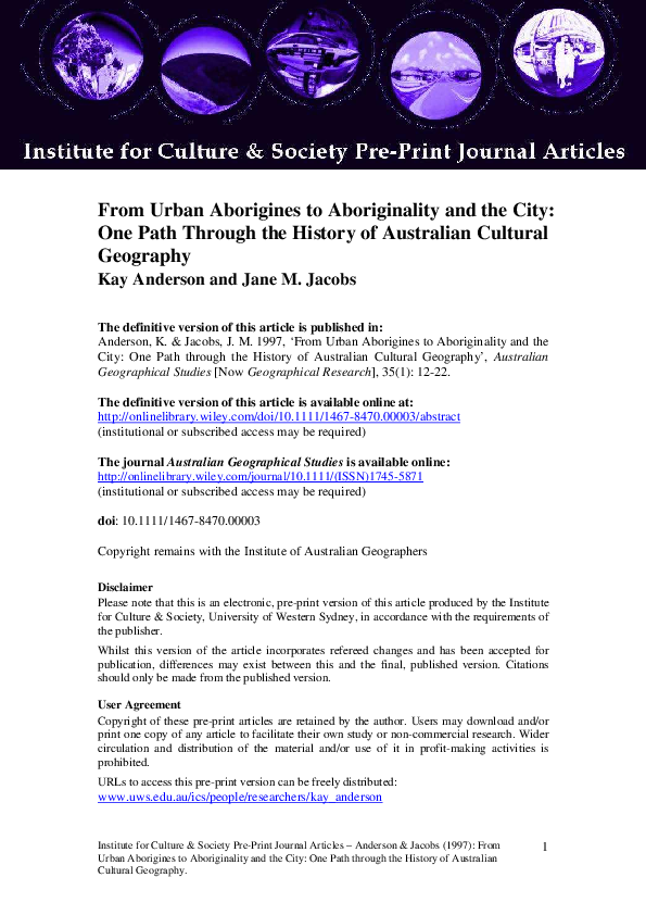 (PDF) From Urban Aborigines to Aboriginality and the City: One Path ...