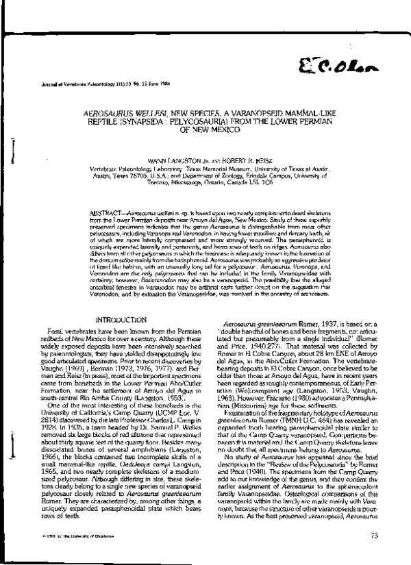 (PDF) Aerosaurus wellesi , new species, a varanopseid mammal-like ...