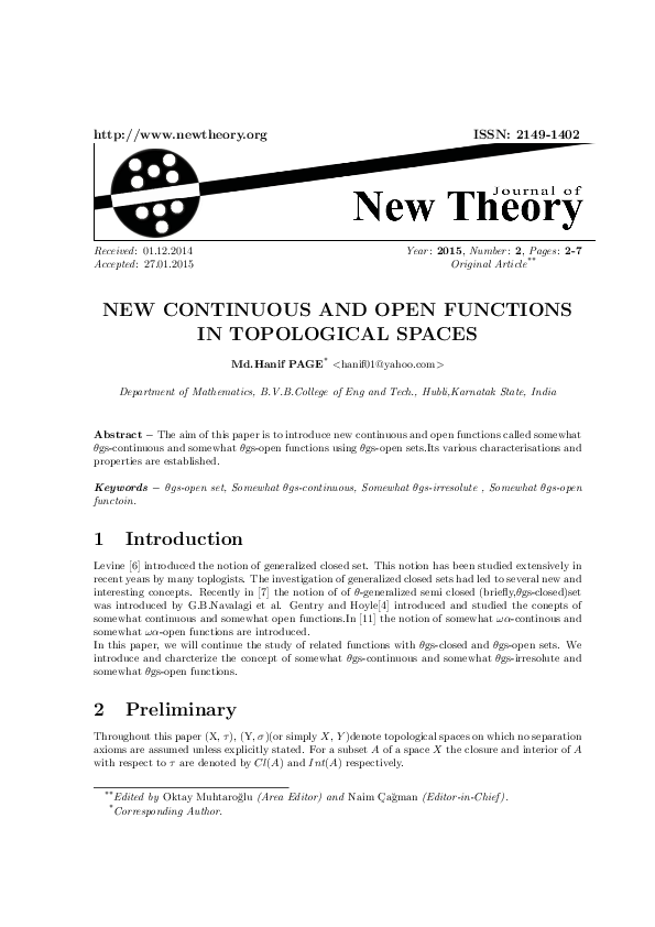 Pdf New Continuous And Open Functions In Topological Spaces