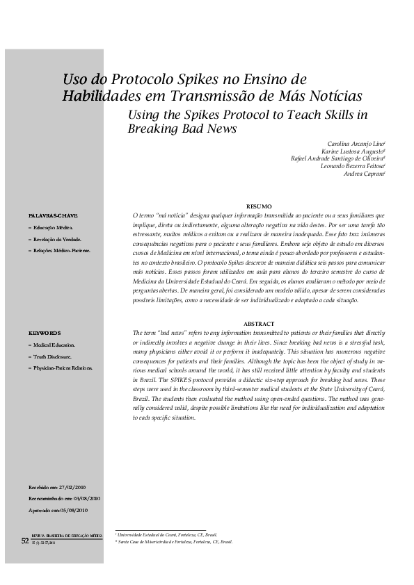 (PDF) Using the Spikes protocol to teach skills in breaking bad news