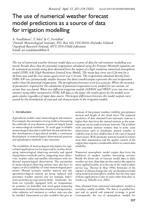 (PDF) The use of numerical weather forecast model predictions as a ...