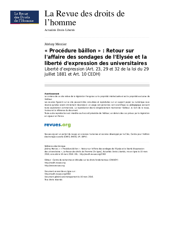 (PDF) « Procédure bâillon » : Retour sur l'affaire des sondages de l'Elysée et la liberté d ...