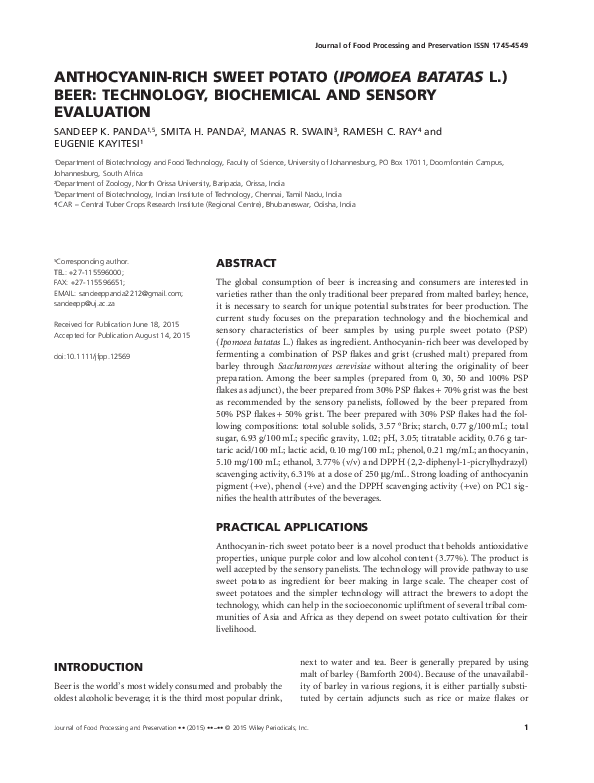 (PDF) ANTHOCYANIN-RICH SWEET POTATO (IPOMOEA BATATAS L.) BEER: TECHNOLOGY, BIOCHEMICAL AND ...