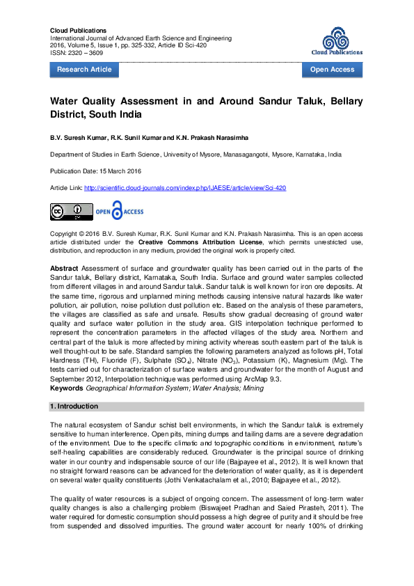 (PDF) WATER QUALITY ASSESSMENT IN AND AROUND SANDUR TALUK, BELLARY ...