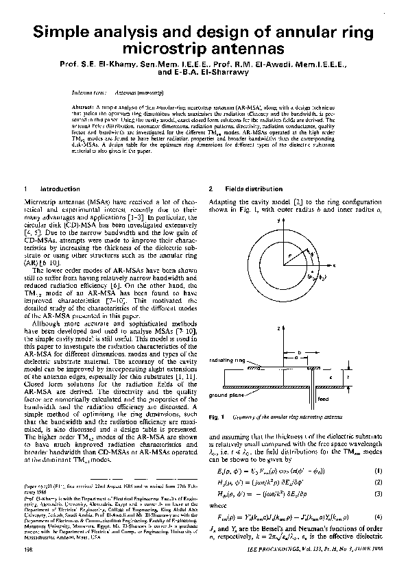 (PDF) Simple analysis and design of annular ring microstrip antennas