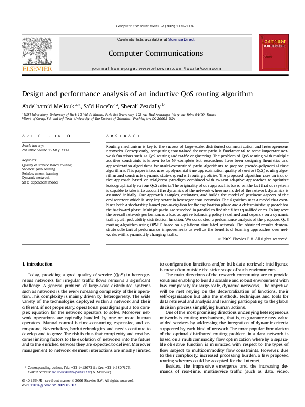 Pdf Design And Performance Analysis Of An Inductive Qos Routing Algorithm S Hoceini
