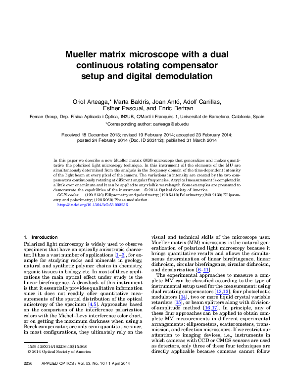 Pdf Mueller Matrix Microscope With A Dual Continuous Rotating Compensator Setup And Digital