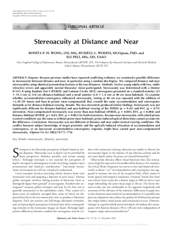 (PDF) Stereoacuity at Distance and Near