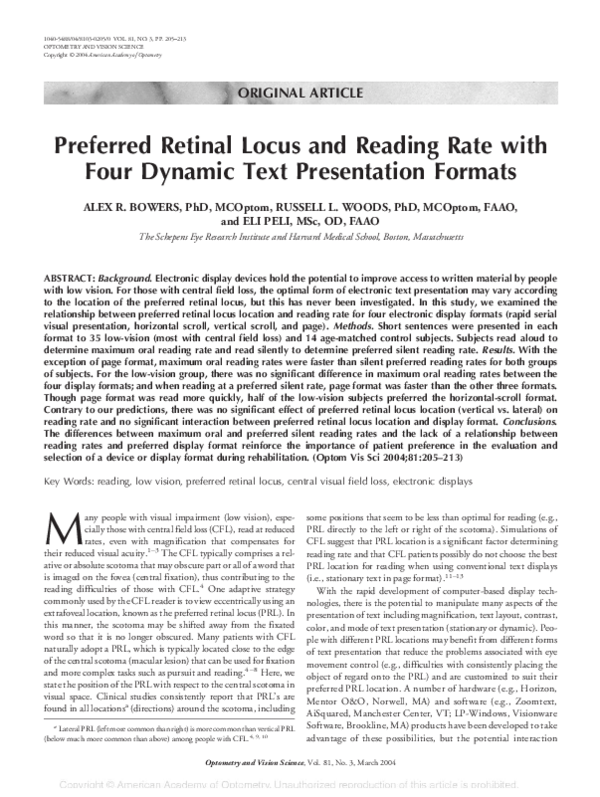 (PDF) Preferred Retinal Locus and Reading Rate with Four Dynamic Text ...