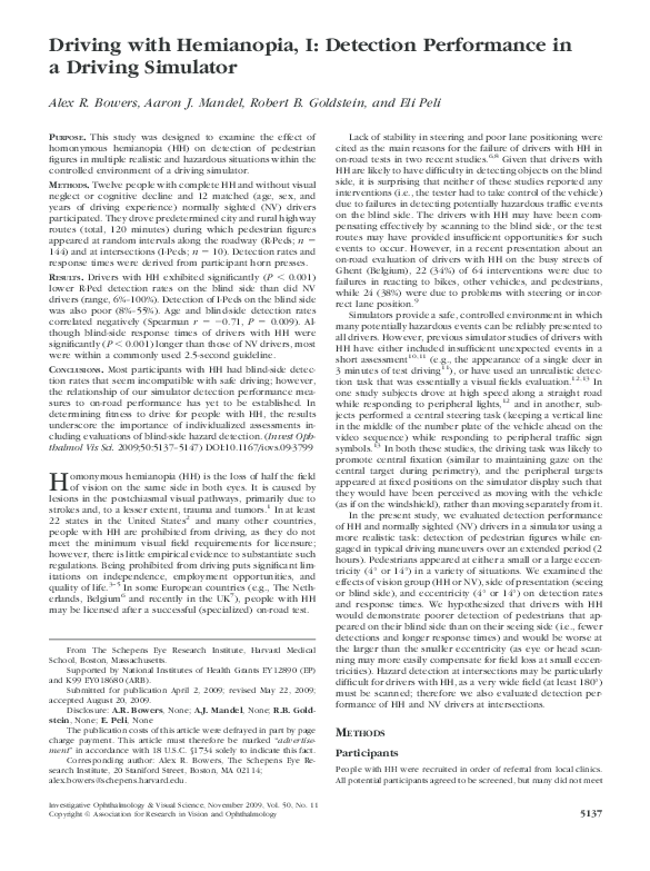 (PDF) Driving with Hemianopia, I: Detection Performance in a Driving ...