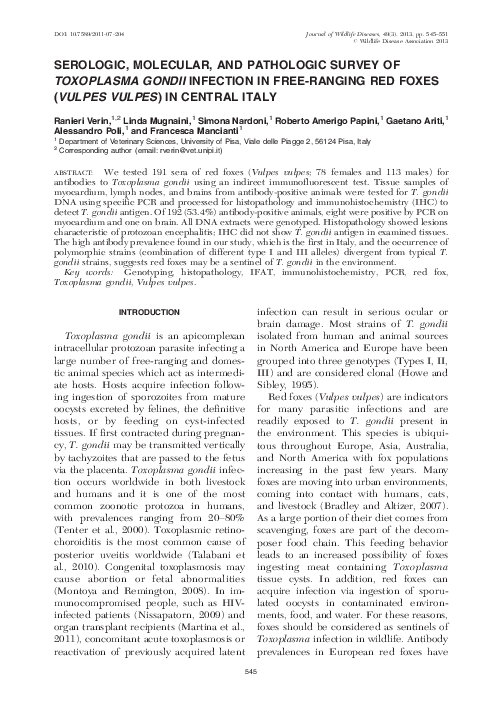 (PDF) SEROLOGIC, MOLECULAR, AND PATHOLOGIC SURVEY OF TOXOPLASMA GONDII INFECTION IN FREE-RANGING ...
