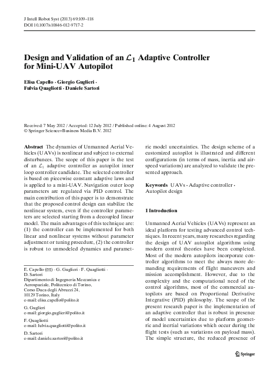 (PDF) Design and Validation of an ${\mathcal{L}}_{1}$ Adaptive Controller for Mini-UAV Autopilot