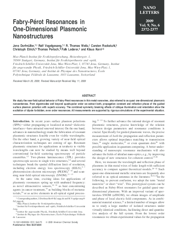 (PDF) Fabry-Pérot Resonances in One-Dimensional Plasmonic Nanostructures