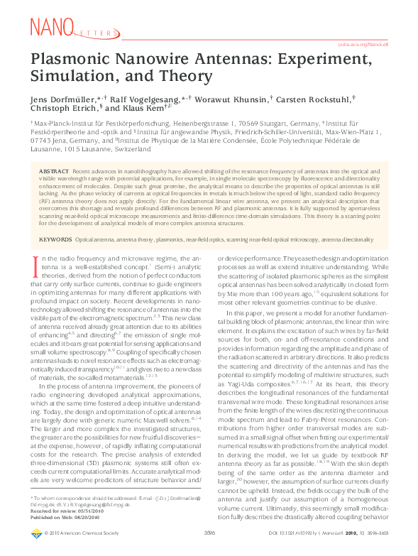 (PDF) Plasmonic Nanowire Antennas: Experiment, Simulation, and Theory