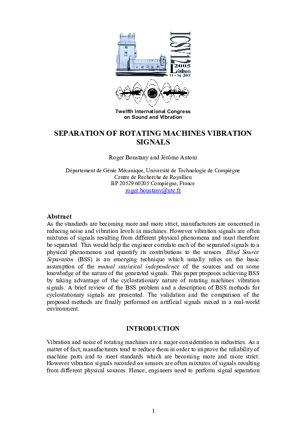 (PDF) Separation of rotating machines vibration signals