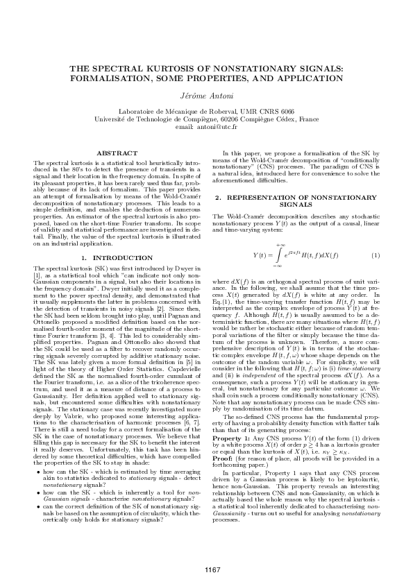 Pdf The Spectral Kurtosis Of Nonstationary Signals Formalisation Some Properties And