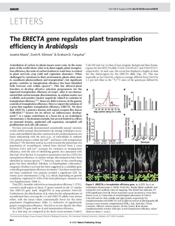 (PDF) The ERECTA gene regulates plant transpiration efficiency in ...