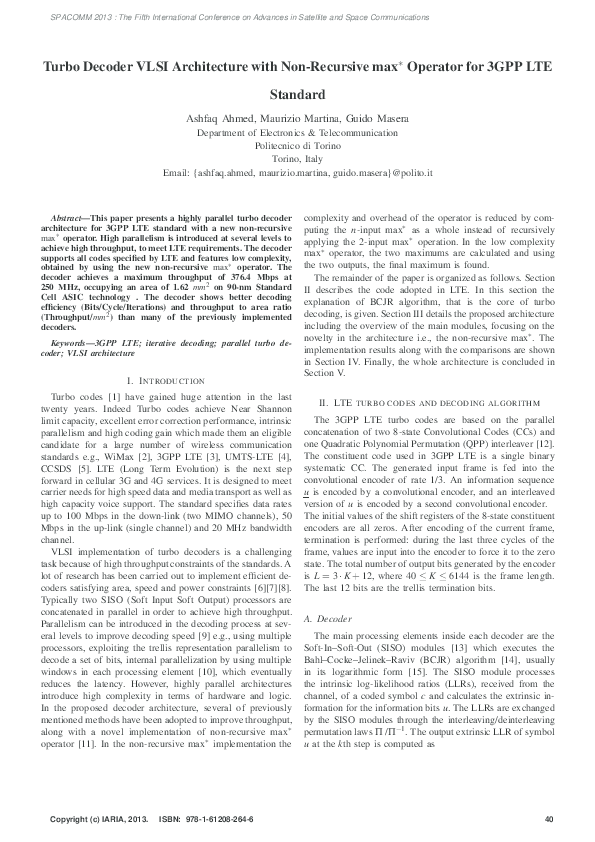 Pdf Turbo Decoder Vlsi Architecture With Non Recursive Max Operator For 3gpp Lte Standard