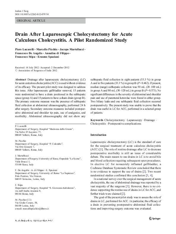 (PDF) Drain After Laparoscopic Cholecystectomy for Acute Calculous ...