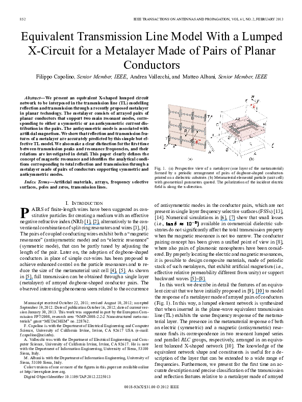 (PDF) Equivalent Transmission Line Model With a Lumped X-Circuit for a ...