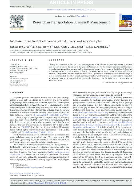 (PDF) Increase urban freight efficiency with delivery and servicing plan