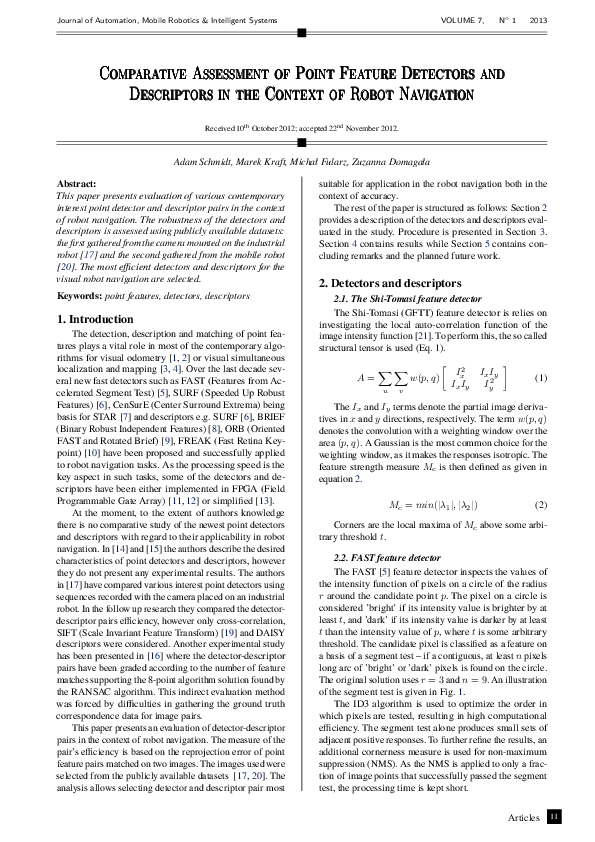 Pdf Comparative Assessment Of Point Feature Detectors In The Context Of Robot Navigation