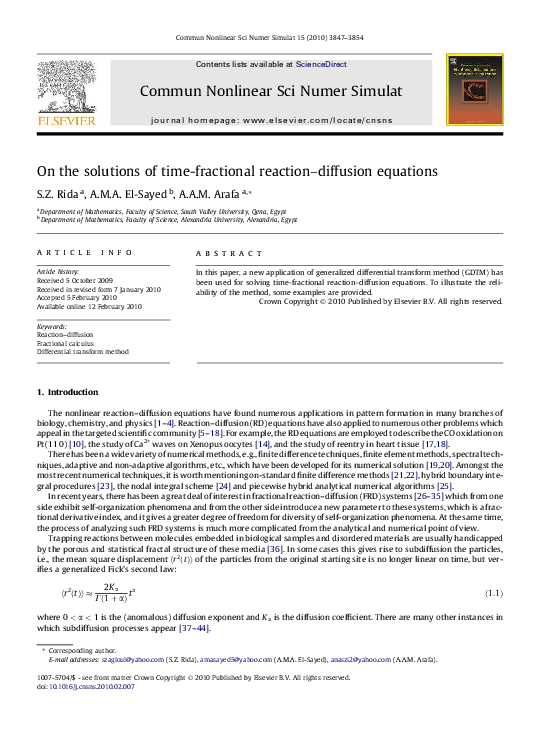 Pdf On The Solutions Of Time Fractional Reaction Diffusion Equations