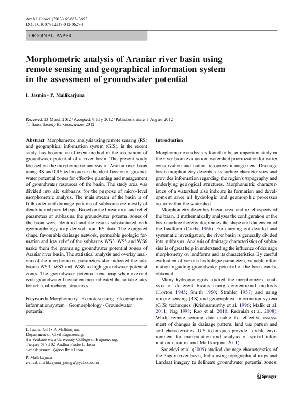 Pdf Morphometric Analysis Of Araniar River Basin Using Remote Sensing