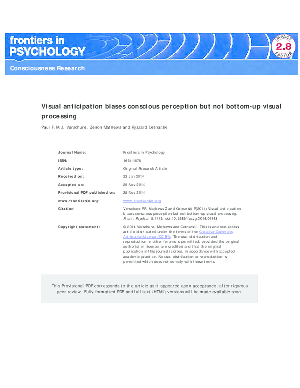 Pdf Visual Anticipation Biases Conscious Perception But Not Bottom Up Visual Processing Visual