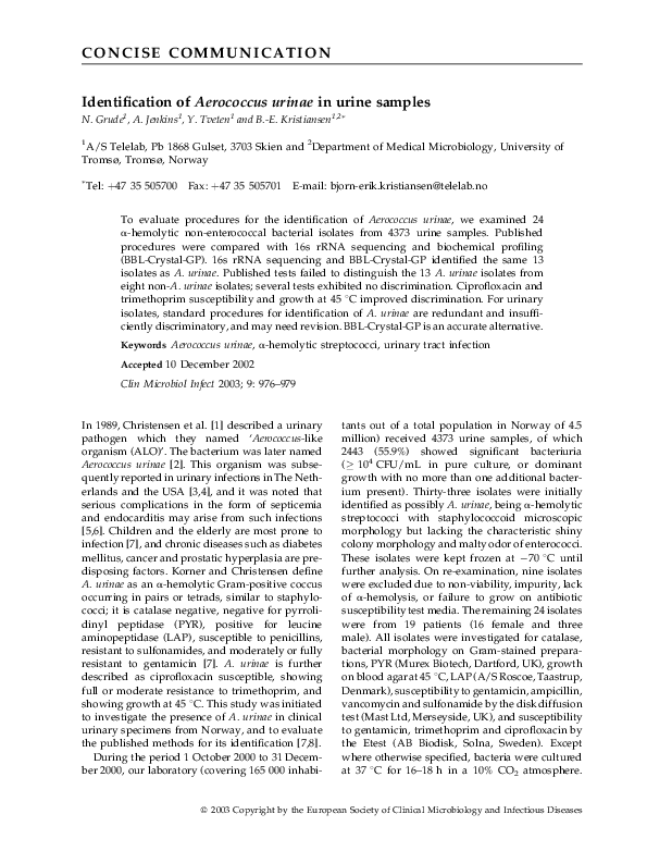 (PDF) Identification of Aerococcus urinae in urine samples