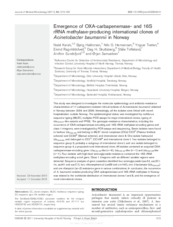 (PDF) Emergence of OXA-carbapenemase- and 16S rRNA methylase-producing international clones of ...