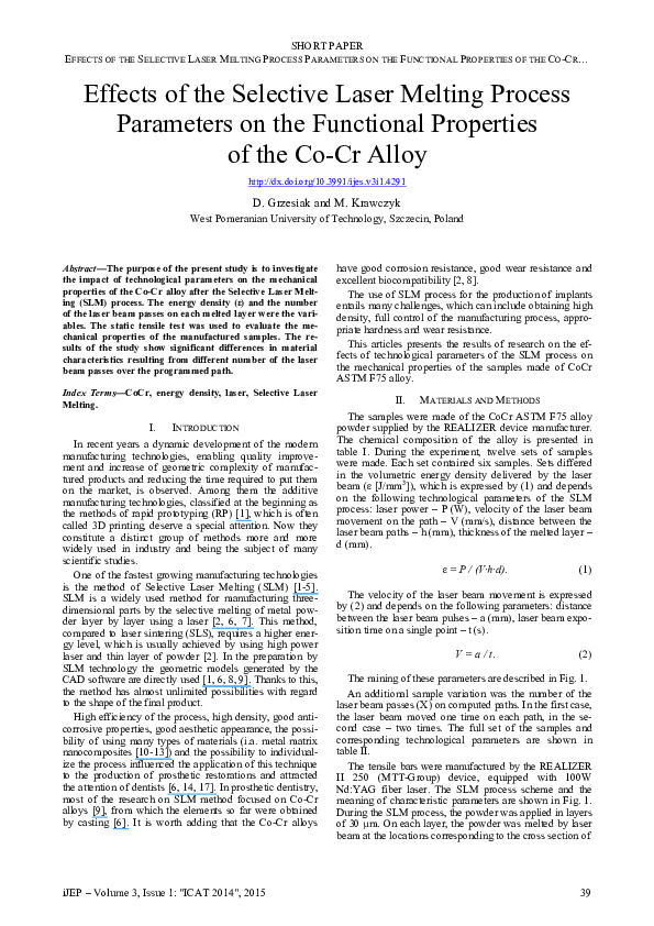 Pdf Effects Of The Selective Laser Melting Process Parameters On The Functional Properties Of