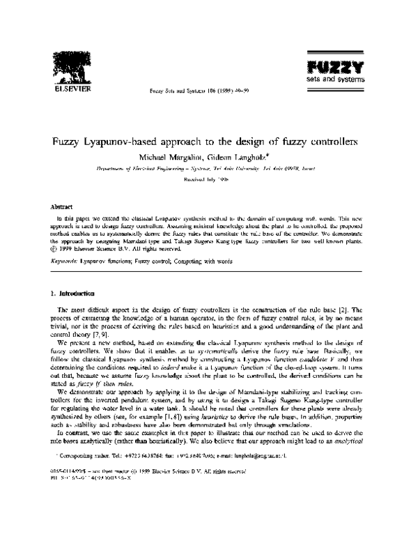Pdf Fuzzy Lyapunov Based Approach To The Design Of Fuzzy Controllers