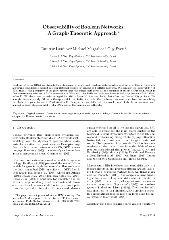 Pdf Observability Of Boolean Networks A Graph Theoretic Approach Michael Margaliot