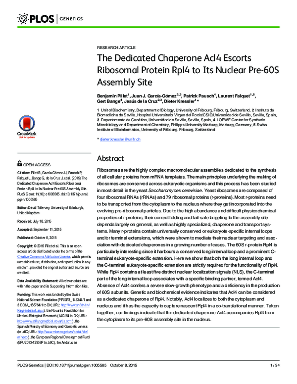 (PDF) The Dedicated Chaperone Acl4 Escorts Ribosomal Protein Rpl4 to Its Nuclear Pre-60S ...