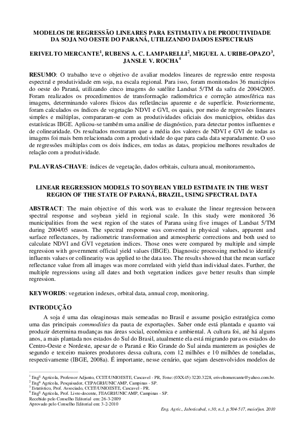 (PDF) Linear regression models to soybean yield estimate in the west region of the state of ...