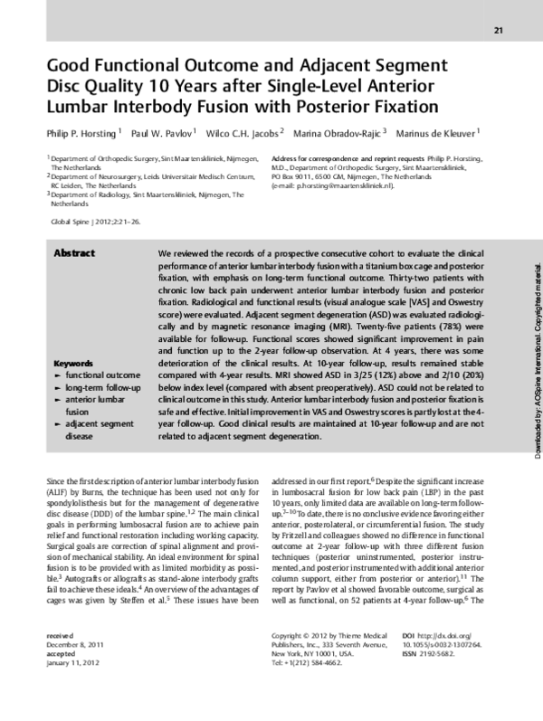 (PDF) Good functional outcome and adjacent segment disc quality 10 ...