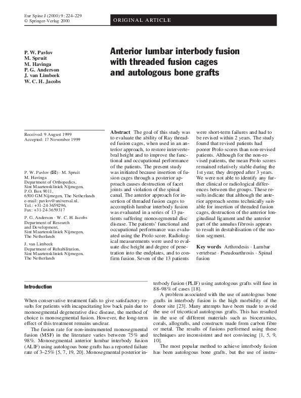 (PDF) Anterior lumbar interbody fusion with threaded fusion cages and ...