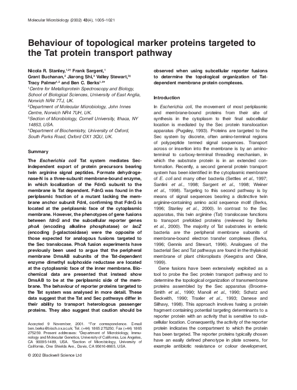 (PDF) Behaviour of topological marker proteins targeted to the Tat ...